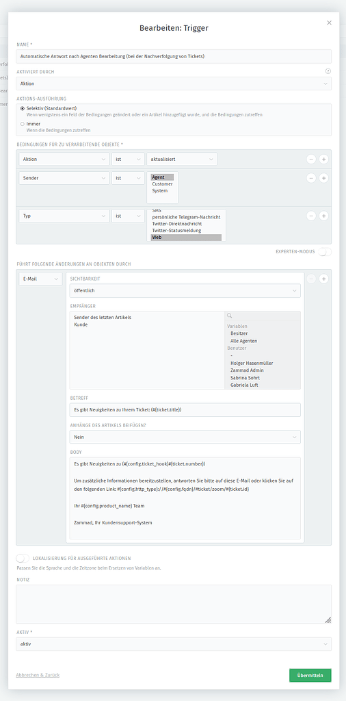 Trigger does not trigger ;-( - Technical assistance - Zammad - Community